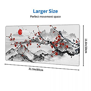Japanese Sakura Cherry Blossom Mouse Pad XXL Full Desk Mousepad Extended Large Non-Slip Rubber Base Big Keyboard Mat with Stitched Edges for Gaming and Office（31.5 X 11.8 Inch 3mm）