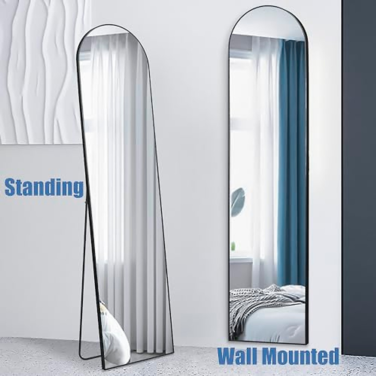 SCWF-GZ 63x16 Mirror Full Length Floor HD Glass Aluminum Metal Frame Dressing Arch Mirrors Wall Mounted or Standing for Entryway Bedroom Living Room 63 16 inch Black