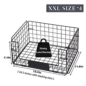 4 Pack XXL Stackable Wire Baskets with Handles for Pantry Storage and Organization,Fruit and Vegetable Basket with Name Plates,Metal Storage Bins for Snack Can Fruit Veggies