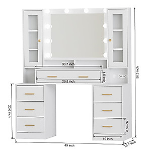 Likein Vanity Desk with Mirror and Lights - 7 Drawers Makeup Vanity with Charging Station, Vanity Table with Shelf, 2 Cabinets & Nightstand, 3 Lighting Modes Brightness Adjustable, Bedroom, White