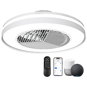 Ceiling Fan with Lights Remote Control,Dimmable Fan Lighting, 20'' Enclosed Bladeless Fan, Semi Flush Mount,2.4GHz Wi-Fi Bluetooth & App Controlled Works with Alexa and Google Assistant (Matte White)