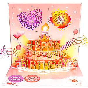 FITMITE Birthday Cards, Musical Pop up Happy Birthday Card with Light and Blowable Candle Birthday Gifts for Women Wife Sister Friends Kids, Birthday Greeting Cards With Envelopes-Rose Gold
