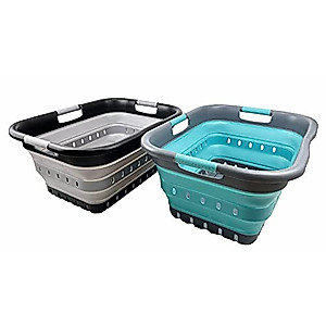 SAMMART 41L (10.8 gallon) Set of 2 Collapsible 3 Handled Plastic Laundry Basket-Foldable Pop Up Storage Container/Organizer-Space Saving Hamper/Basket (Alloy Grey + Crystal Blue)