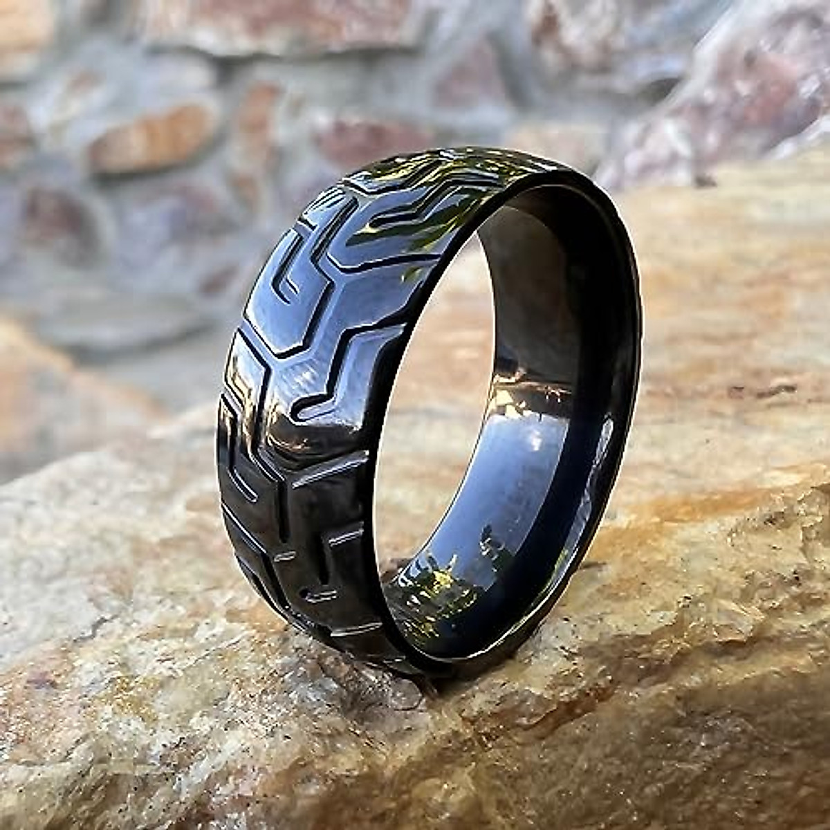 Men's Black Zirconium Metal Sports Car Biker Motorcycle Tire Tread Ring Size 4-15 (10)