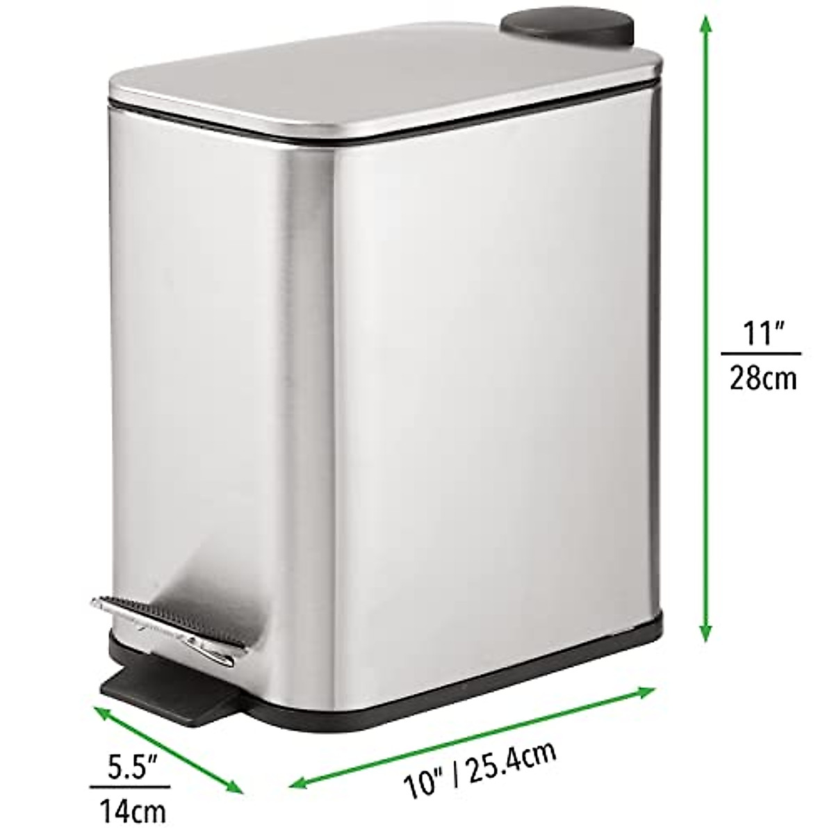 mDesign Slim Metal Rectangle 1.3 Gallon/5 Liter Trash Can with Step Pedal, Easy-Close Lid, Removable Liner - Narrow Wastebasket Garbage Container Bin for Bathroom, Bedroom - Brushed Stainless Steel