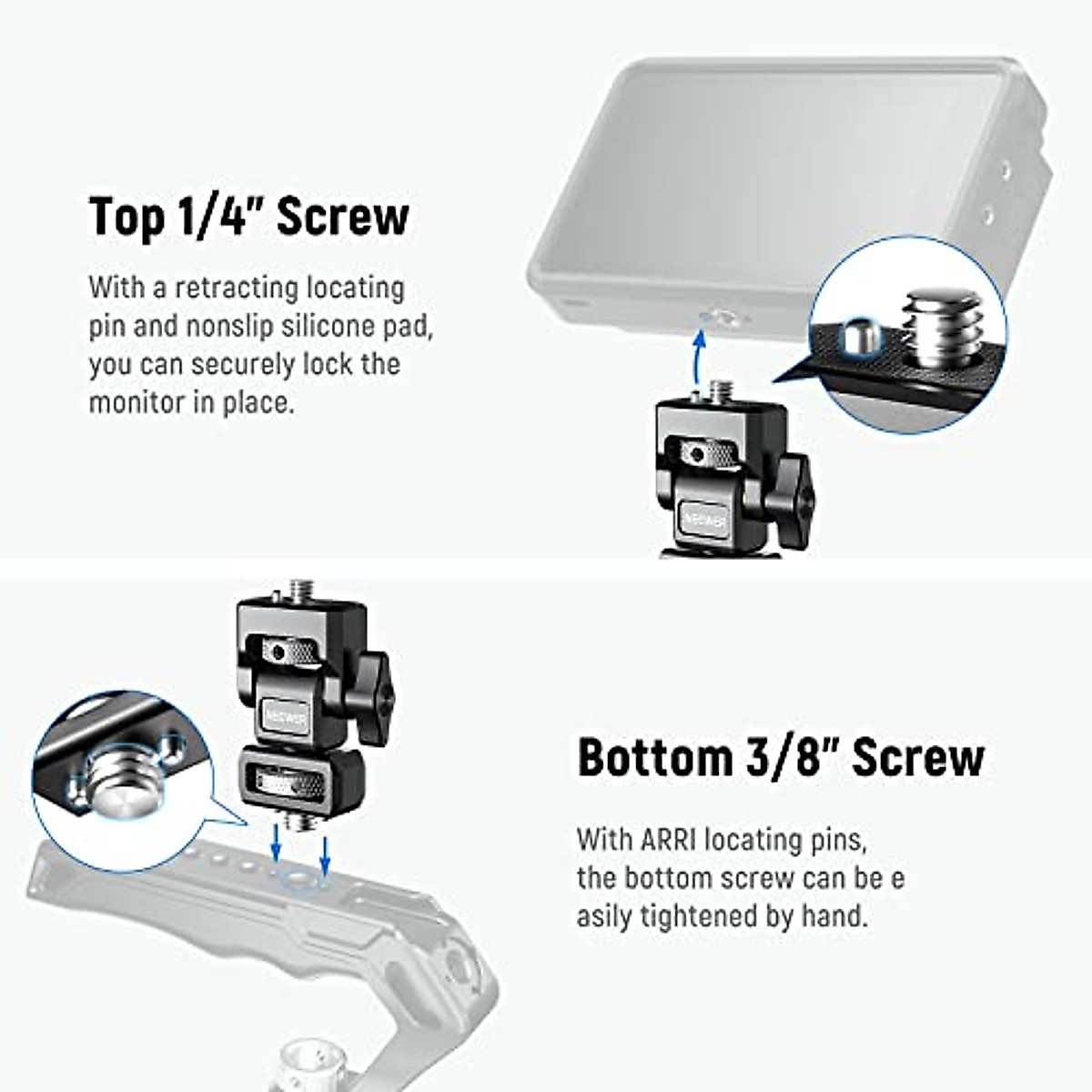 NEEWER Camera Monitor Mount with 3/8" ARRI Locating Thumbscrew, 1/4" Screw for 5" & 7" Monitor Compatible with Atomos Ninja V, 360° Swivel 180° Tilt Damping Adjustable, Compatible with SmallRig, MA004