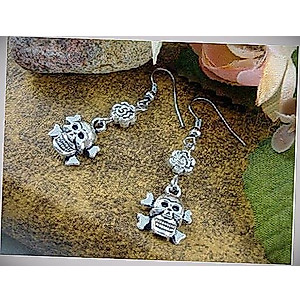Pair Tibetan Silver Delicate Carved Skull Beaded Amulet Earrings