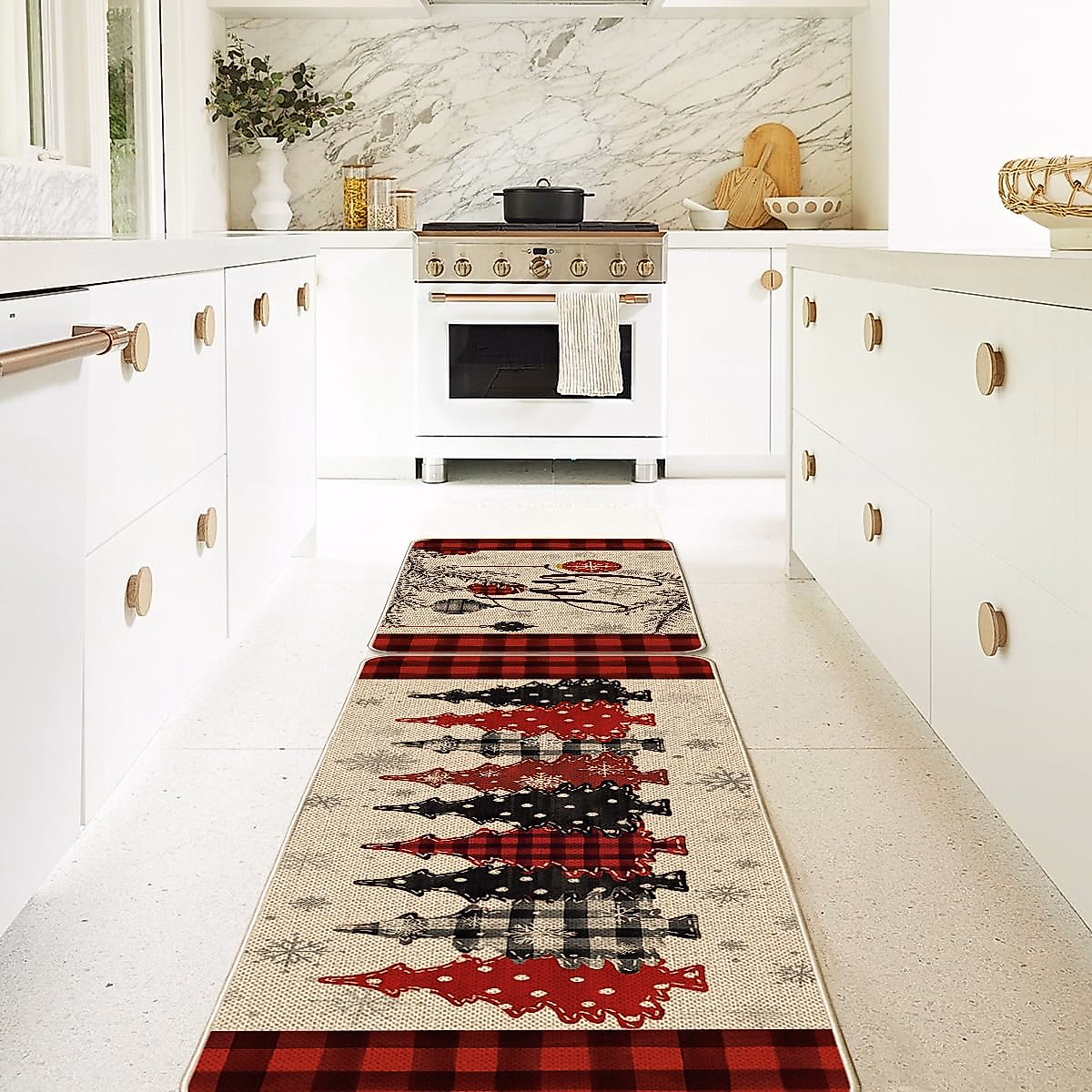 Artoid Mode Red Xmas Trees Ball Joy Snowflakes Christmas Kitchen Mats Set of 2, Winter Decor Low-Profile Kitchen Rugs for Floor - 17x29 and 17x47 Inch