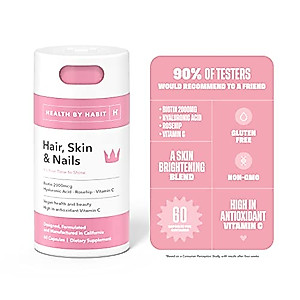 Health by Habit Hair, Skin and Nails Supplement 2 Pack (120 Capsules) - Biotin 2000mcg, Vitamin A, Vitamin B, Vitamin C, Hyaluronic Acid, Rosehip, and Alo Vera, Vegan, Non-GMO, Sugar Free (2 Pack)
