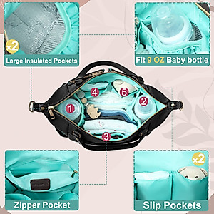 MOMINSIDE Small Diaper Bag Tote, Mini Diaper Bag Purse with 13 Pockets, Leather Crossbody Diaper Bag, Diaper Clutch Organizers,2 Insulated Pockets(Black)