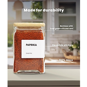 Glass Spice Jars with Labels - 4oz Glass Jars with Bamboo Lids, Square Spice Jars with Labels, Empty Spice Bottles for Seasoning Organizer, Spice Drawer Organizer and Kitchen Storage, 12 Pack, White