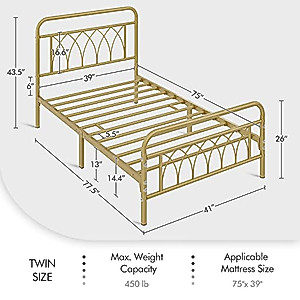 Yaheetech Twin Bed Frame Metal Platform Bed with Petal Accented Headboard/Footboard/14.4 Inch Under Bed Storage/No Box Spring Needed,Antique Gold