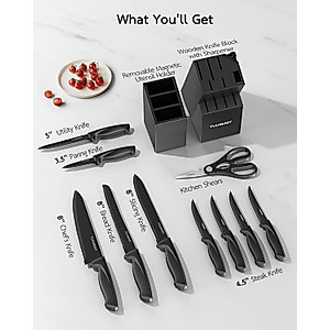 Knife Set, TUUMIIST 18PCS Kitchen Knife Sets with Block and Sharpener, Kitchen Utensils Set, Removable Utensil Holder (Black)-Precision Cutting, Effortless Sharpening, Convenient Organization