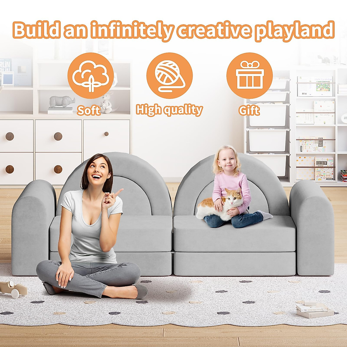 MOOITZ Modular Kids Play Couch, 10pcs Kids Play Couch for Playroom Bedroom, Convertible Modular Toddler Couch, Creative Kids Foam Sofa for Boys and Girls-Grey