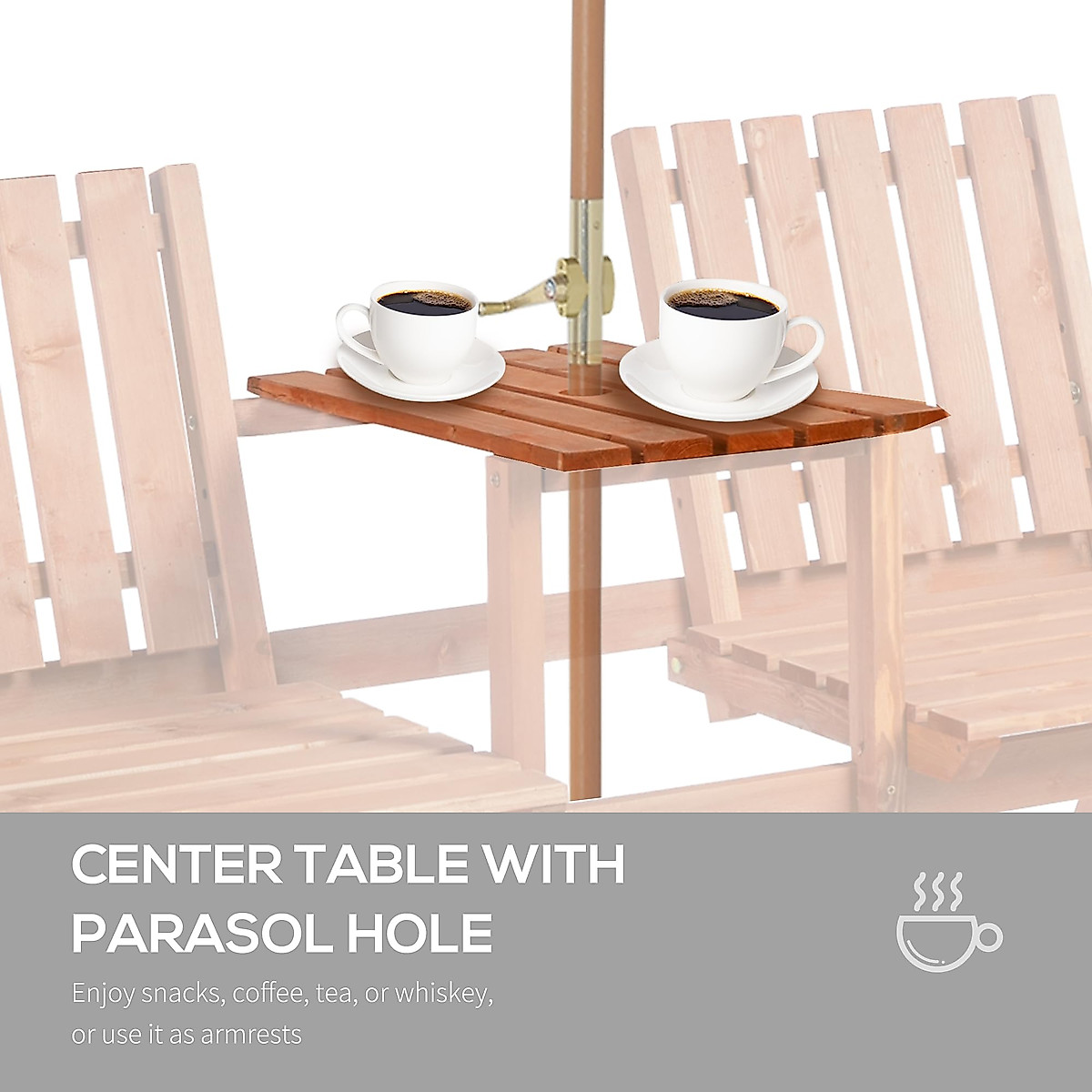 Outsunny Patio Bench, Garden Bench with Middle Table and Umbrella Hole, Wooden Outdoor Bench for Patio, Porch, Poolside, Balcony, Orange