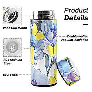 CaTaKu Yellow Butterfly Flower Water Bottle Insulated 16 oz Stainless Steel Flask Thermos Bottle for Coffee Water Drink Reusable Wide Mouth Vacuum Travel Mug Cup