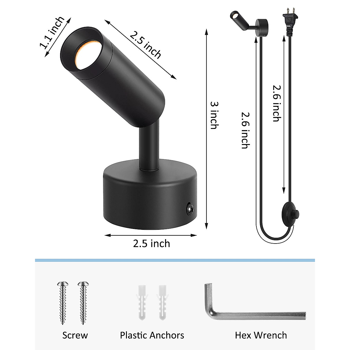 Fabbay 4 Pcs Spot Lights Indoor LED Spotlight Multi Purpose Indoor Plant Lights Portable Uplights Warm Accent Light 3W 3000K Warm Spotlight Lamp for Table Wall Decoration, Black