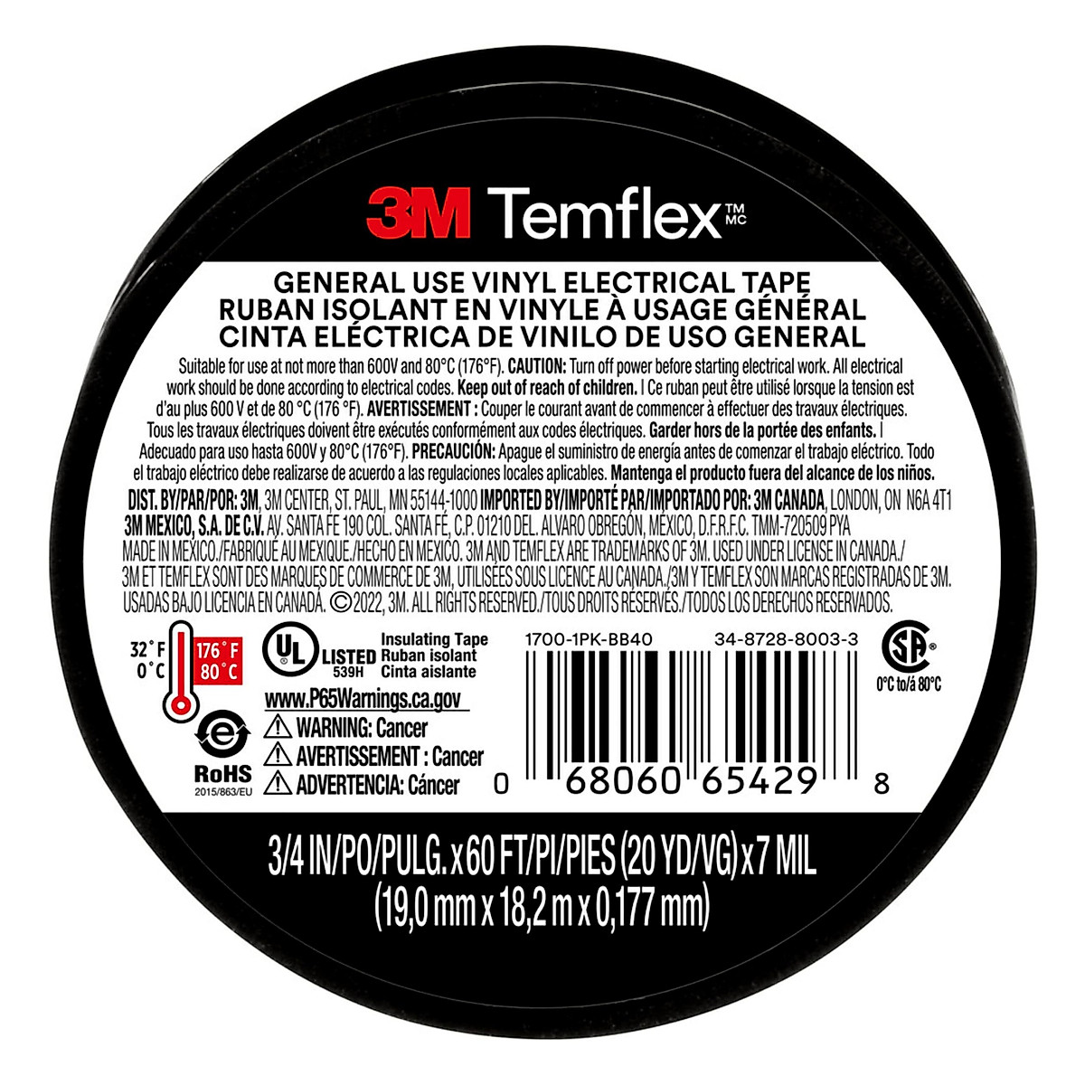 3M Temflex Vinyl Electrical Tape, 1700, 3/4 in x 60 ft, Black 1.5core (3-Roll)