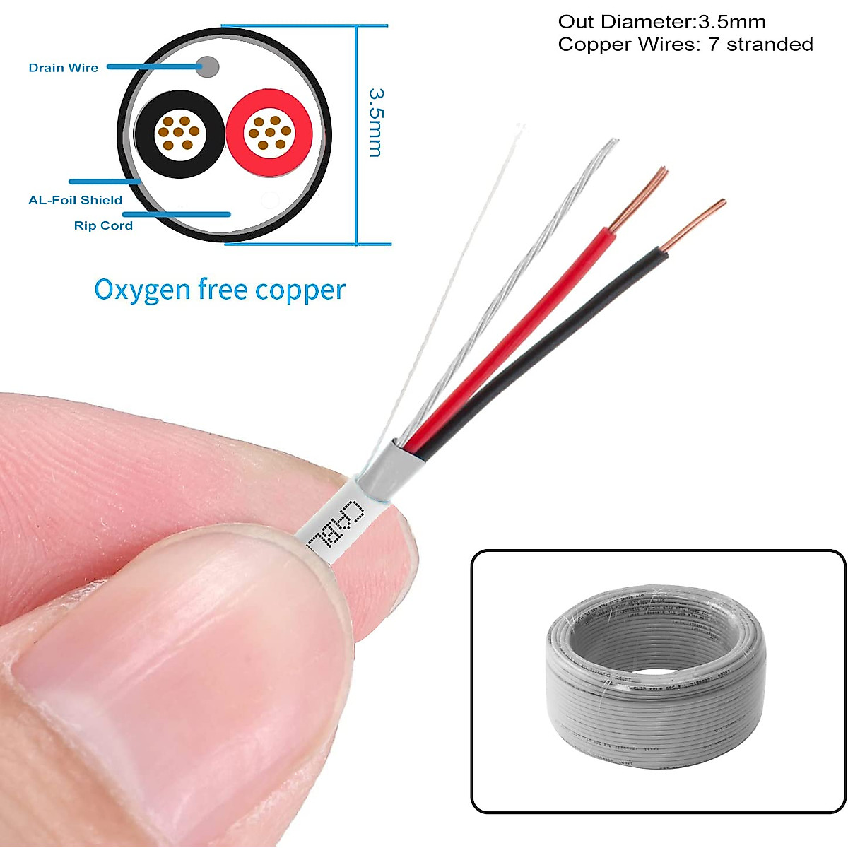 Shielded Alarm Control Cable, 22 AWG 2 Conductors (7 Strand) Riser Alarm Cable, 125ft, Full Copper, for Fire/Sound/Security Burglar Station Wire Security by InstallerCCTV