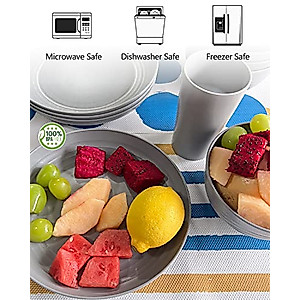 KITWILD Wheat Straw Dinnerware Sets, 12-Piece Lightweight Plastic Dinnerware Set with 8.9 Inch Unbreakable Plates, Bowl Set and Cup Set, BPA free, Dishwasher & Microwave Safe, Service for 4 - Grey