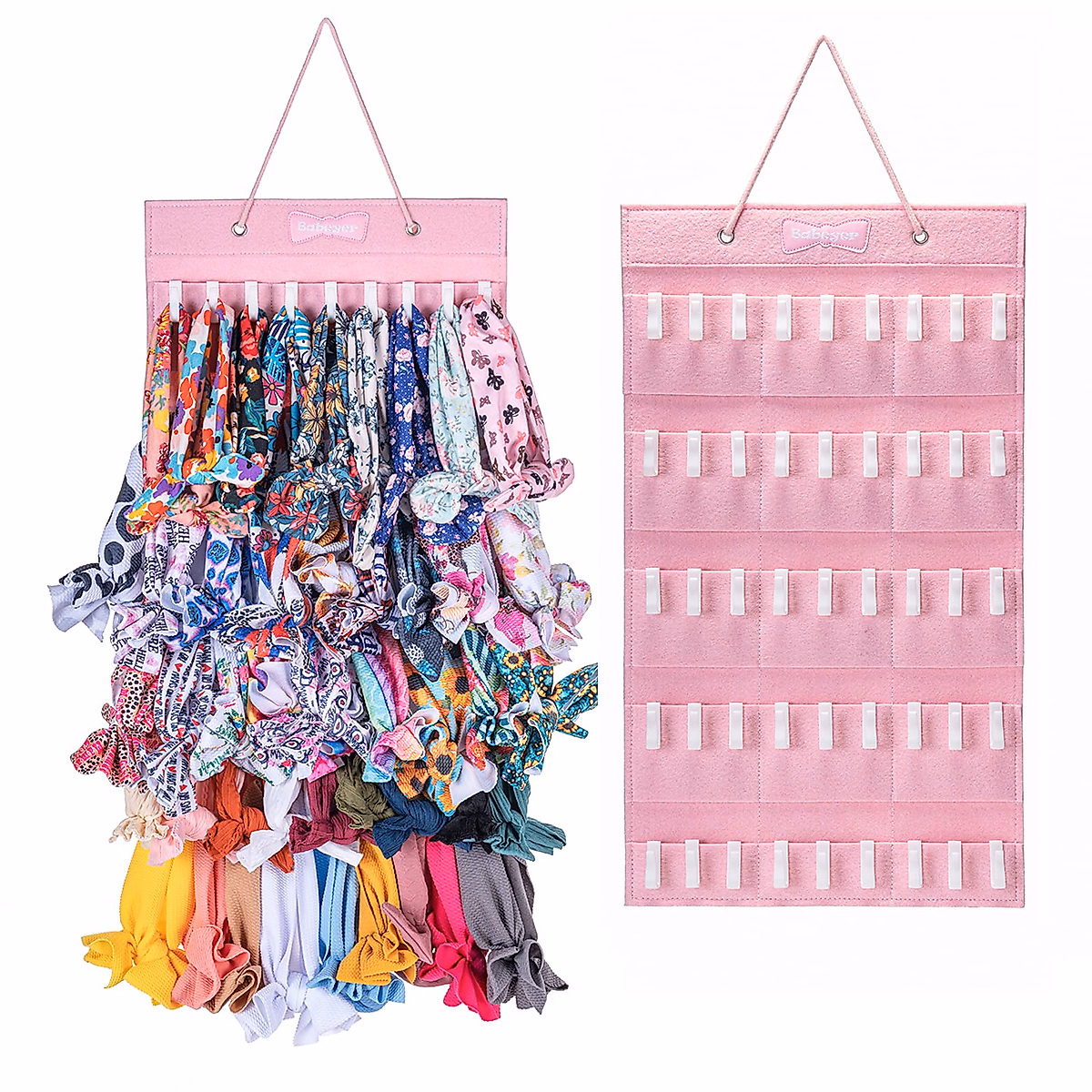 BABEYER Hanging Headbands Organizer for Baby Girls, Pink - 1 Count (Pack of 1), Holds 90 Baby Headbands Easily, Keeps Baby Girls Hair Accessories Organized- 45pcs Hooks