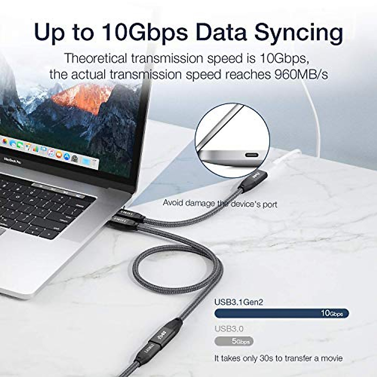 LEIRUI USB C 10Gbps Data Transfer, 100W Fast Charging, 4K 60Hz Video Output Extension Cable, 1 Feet, USB Type C Male to Female