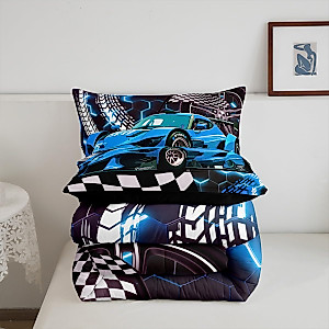 Toddler Race Car Bed for Boys,Teal Neon Lights Honeycomb Twin Size Bedding Set Cool Sports Car Glitter Beehive Geometric Hexagon Comforter Set,Black White Grid Lattice Quilt Buffalo Plaid Decor