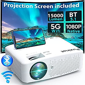 Native 1080P 15000L 5G WiFi Bluetooth Projector, 5G/2.4G WiFi and Bluetooth 5.1, 500ANSI Outdoor Movie Projector Supports 4K, Home Theater Compatible with HDMI, VGA, USB, Laptop, iOS & Android Phone