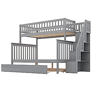 Harper & Bright Designs Twin Over Full Bunk Beds with Trundle , Bunk Beds with Stairs and Storage Shelf ,Wood Bunk Beds with Full-Length Guard Rail for Kids , Gray