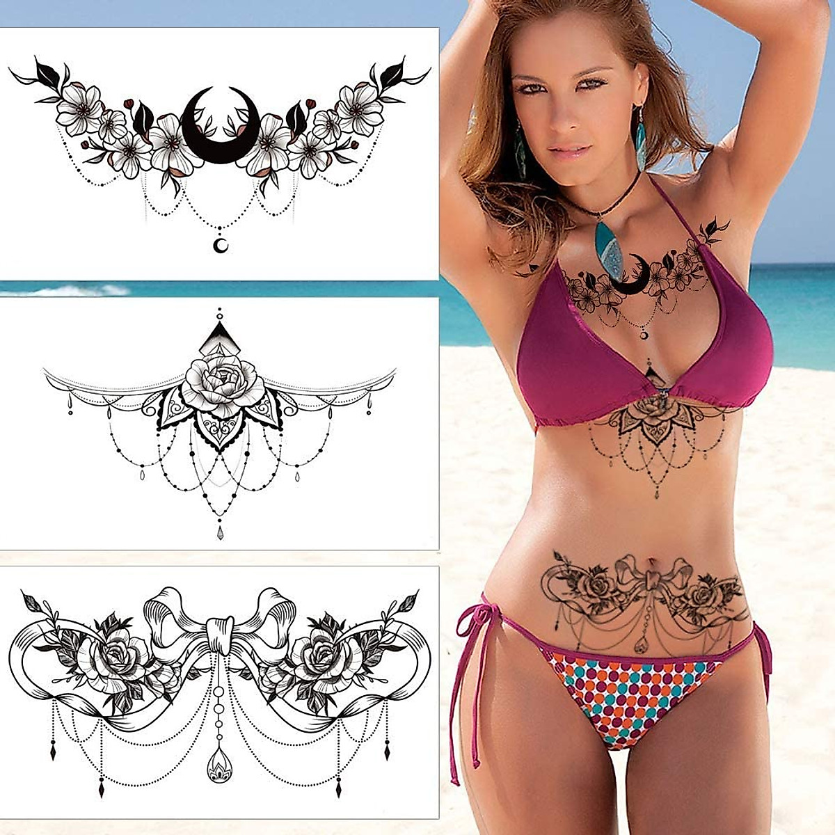 Glaryyears Chest Underboob Temporary Tattoos for Women Adult, 6 Pack Black Fake Realistic Large Long Lasting Creative Removable Tattoo Stickers, Sexy Rose Flower Tramp Stamp Sketch on Body