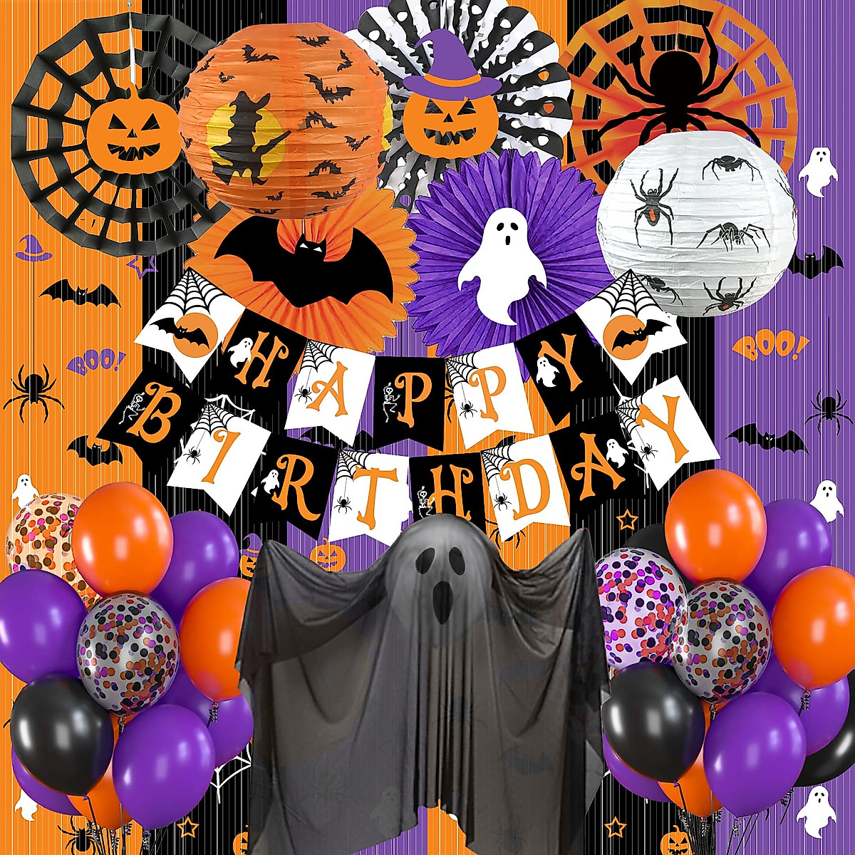 Halloween Birthday Decorations Party Supplies, Halloween Themed Happy Birthday Banner, Halloween Foil Fringe Curtains, Halloween Paper Fans Paper Lanterns, Halloween Birthday Party Photo Backdrop