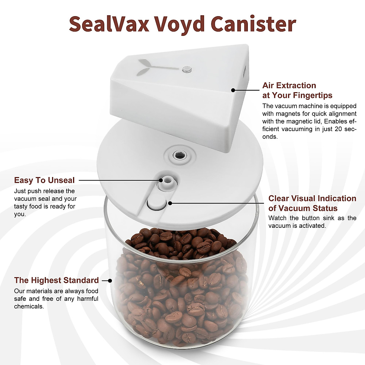 SealVax®Coffee Vacuum Canister- Vacuum Canister Coffee, Airtight Round Glass Storage Containers. Voyd vacuum canister, size large x 1 pcs + small x 1 pcs with vacuum sealer.