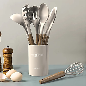 Silicone Kitchen Cooking Utensil Set, 9Pcs Kitchen Utensils Spatula Set with Wooden Handle for Nonstick Cookware, 446°F Heat Resistant Silicone Kitchen Gadgets Utensil Set with Large Holder（Khaki）