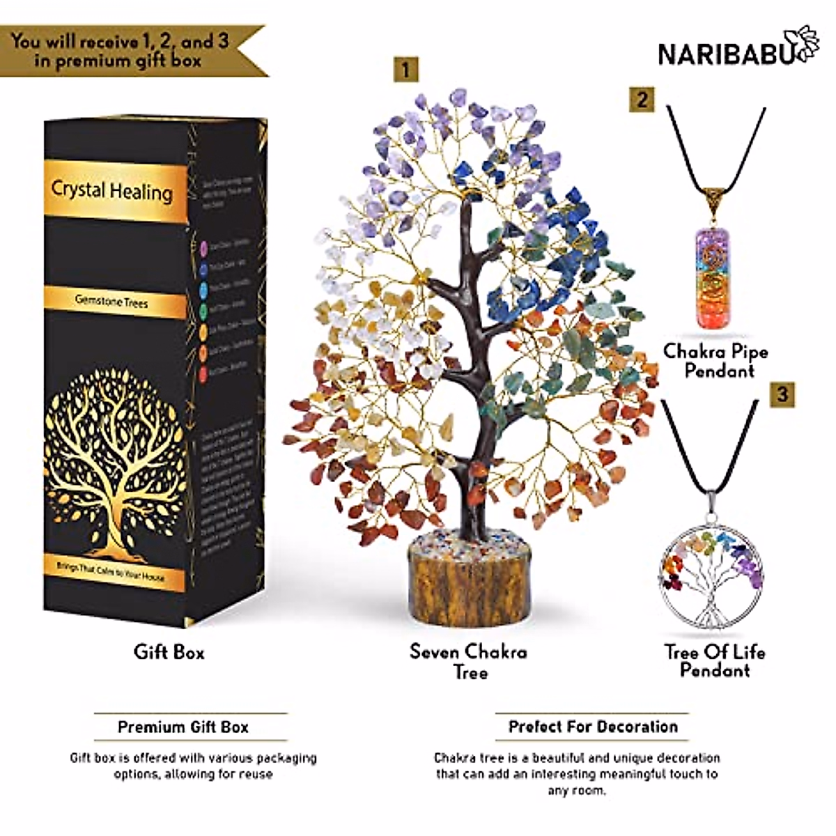 Seven Chakra Tree - Gemstone Tree - Feng Shui Crystal - Crystal Tree for Positive Energy - Gifts for Spiritual People - Crystal Decor - Chakra Crystals