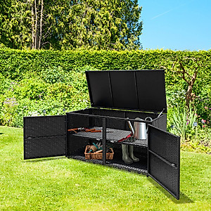 RELAX4LIFE PE Wicker Storage Box - Outdoor 88 Gallon 2-Tier Deck Box for Patio Furniture Toys Storage w/Lid & Front Doors, All Weather Rattan Storage Bin for Backyard Garden Poolside Porch (Black)