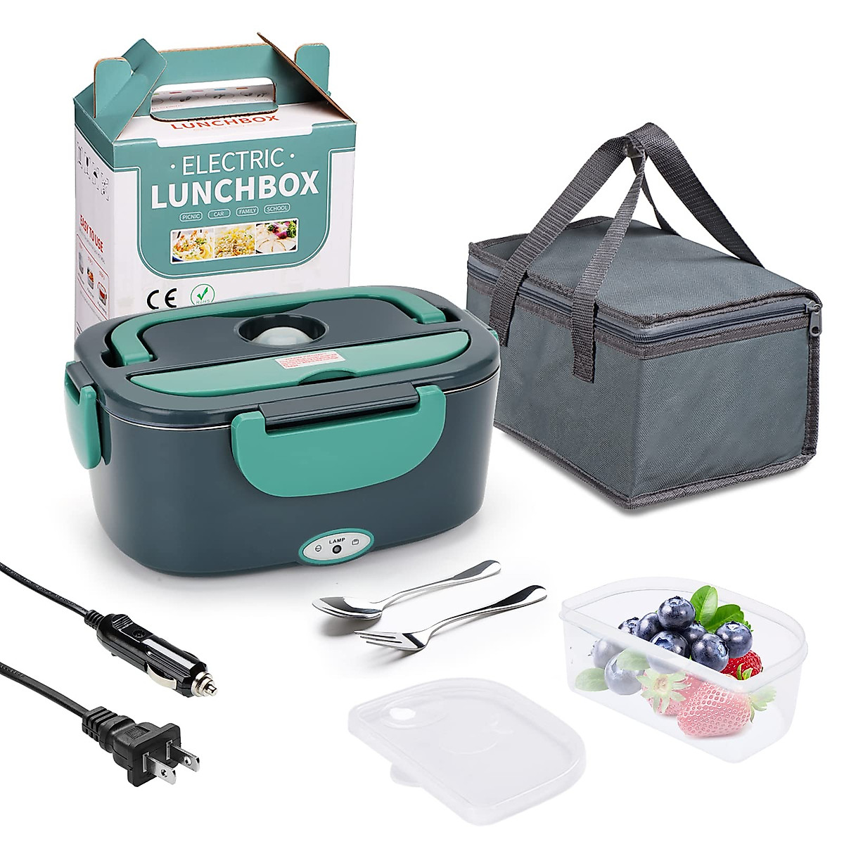 Electric Lunch Box Food Heater, Portable 60W Food Warmer Self Heating Lunch Box, 12V 24V 110V Heated Lunch Box for Car/Truck/Work–Leak Proof, 1.5L Removable 304 SS Container, Fork & Spoon & Carry Bag