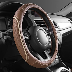 CAR PASS Line Rider Delux Leather Steering Wheel Cover, Universal Fit for Suvs,Sedans,Vans,Trucks for 14.5" to 15"(Brown & Beige)