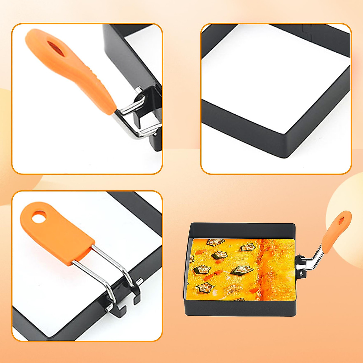 Egg Ring Egg Pan 2PCS Non-stick 4 Inch Square Egg Rings for Frying Eggs with Silicone Handle, Stainless Steel Square Egg Mold for Breakfast Type1