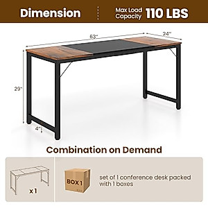 Tangkula 63” x 24” Conference Table, Meeting Table with Metal Frame & Adjustable Foot Pads, Seminar Boardroom Table, Training Table for Office, Black & Rustic Brown