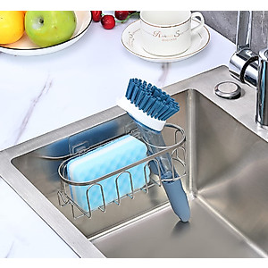 DOLRIS Kitchen Sink Caddy, Sponge Holder for Kitchen Sink, 3 in 1 Adhesive Kitchen Sponge Holder + Brush Holder + Hooks, Kitchen Sink Accessories SUS304 Stainless Steel,Silver