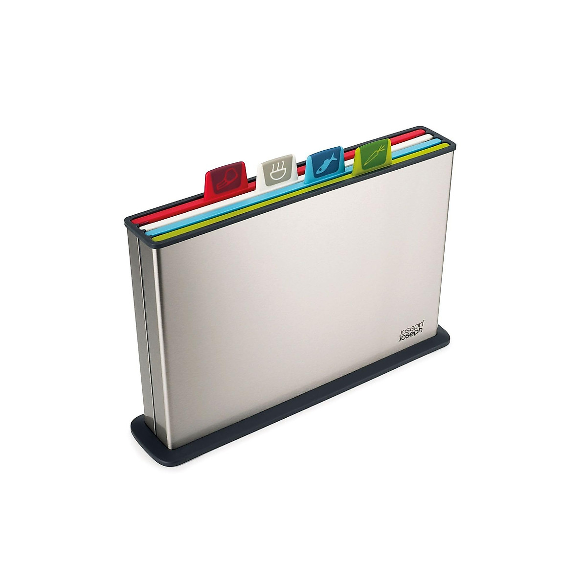 Joseph Joseph Index Plastic Cutting Board Set with Stainless Steel Storage Case Color-Coded Dishwasher-Safe Non-Slip, Large, Steel Multicolored