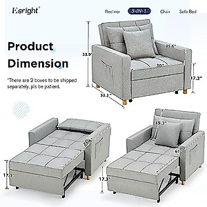 Esright 40 Inch Sleeper Chair Bed 3-in-1 Convertible Futon Multi-Functional Sofa Bed Adjustable Reading Chair with Modern Linen Fabric, Light Grey