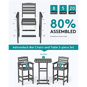SERWALL Balcony Adirondack Chairs and Table 3 Pieces Set, Adirondack Bar Height Chairs Set of 2 and Bar Table, Outdoor Bar Stools Set, Gray