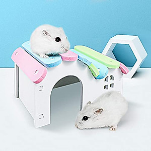 Dwarf Hamsters House DIY Wooden Gerbil Hideout Rainbow Bridge Swing and PVC Seesaw, Pet Sport Exercise Toys Set, Sugar Glider Syrian Hamster Cage Accessories, Suitable for Small Animal Habitat