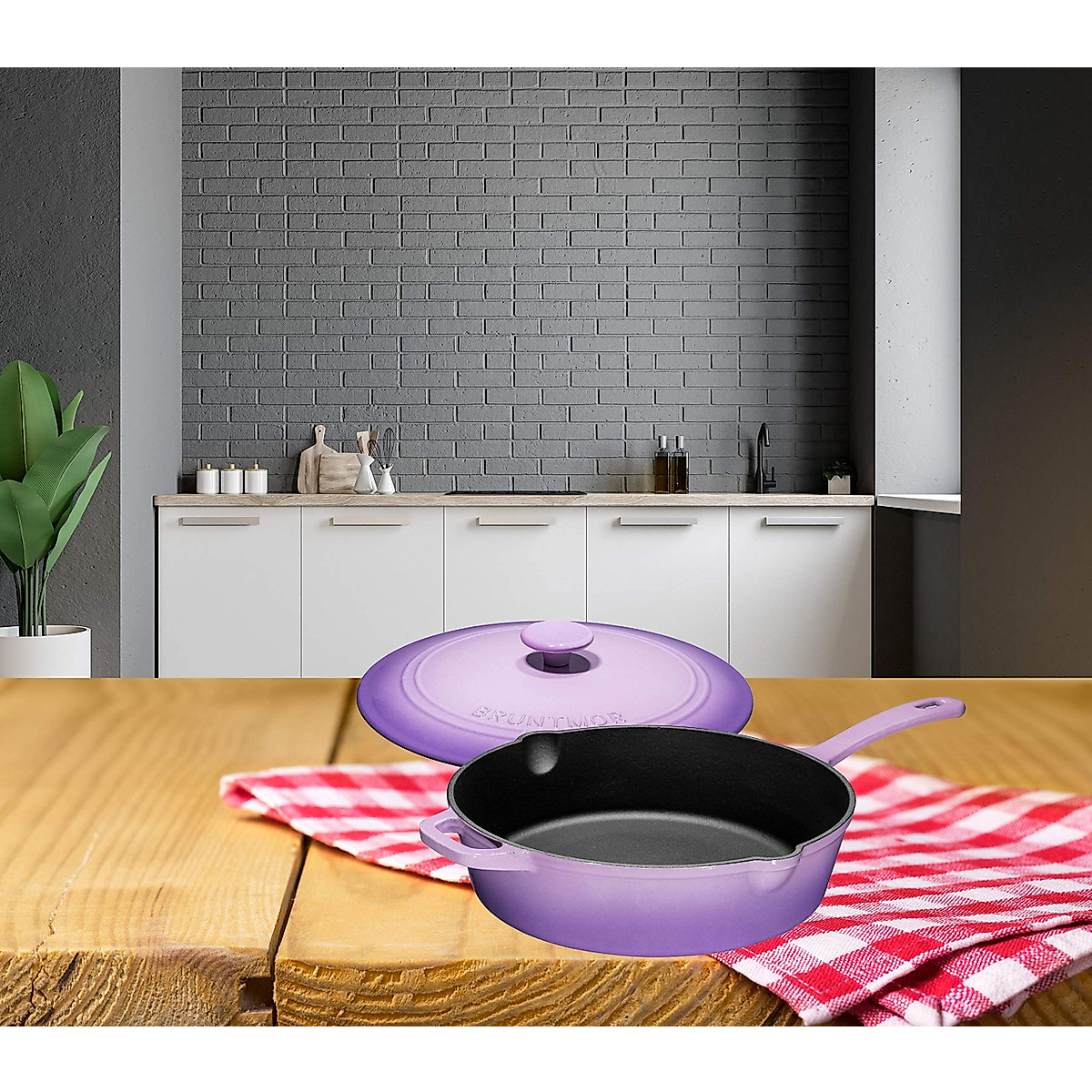 Bruntmor 5qt Purple Enameled Cast iron Skillets With Lid and handle, Non stick Cookware And Grill For Casserole Dish, 5 Quarts Grill Frying Pan,Saute pan,Bakeware