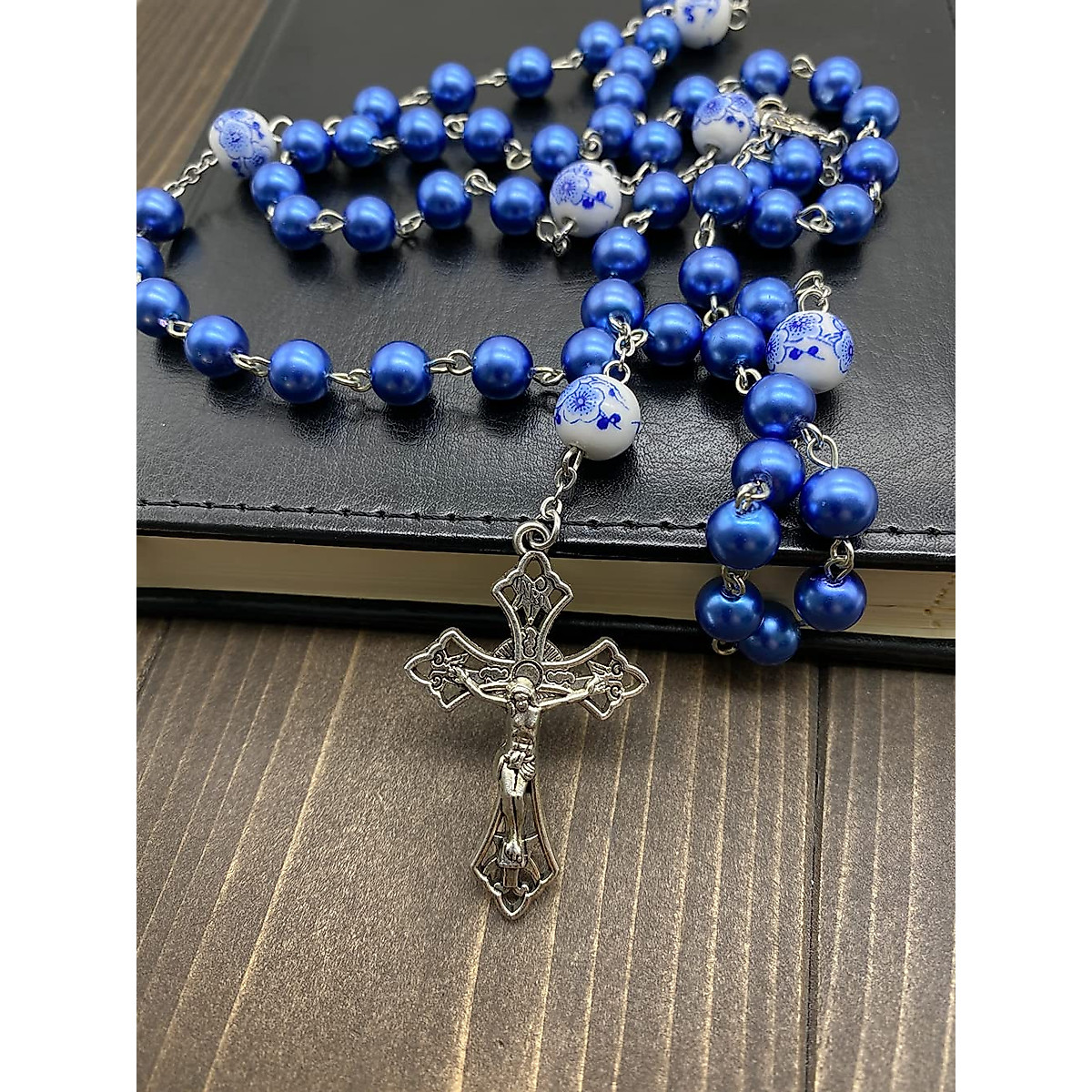 Nazareth Store Blue Pearl Beads Rosary White Flowers Beaded Necklace Lourdes Medal & Cross Crucifix