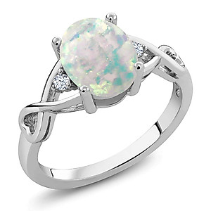 Gem Stone King 925 Sterling Silver Cabochon White Simulated Opal Ring For Women (0.69 Cttw, Oval Birthstone Available 5,6,7,8,9) (Size 7)