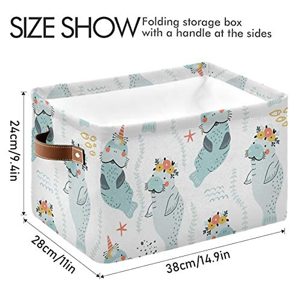 Large Foldable Storage Bin Cute Manatees with Floral Fabric Storage Baskets Collapsible Decorative Baskets Organizing Basket Bin with PU Handles for Shelves Home Closet Bedroom Living Room-2Pack