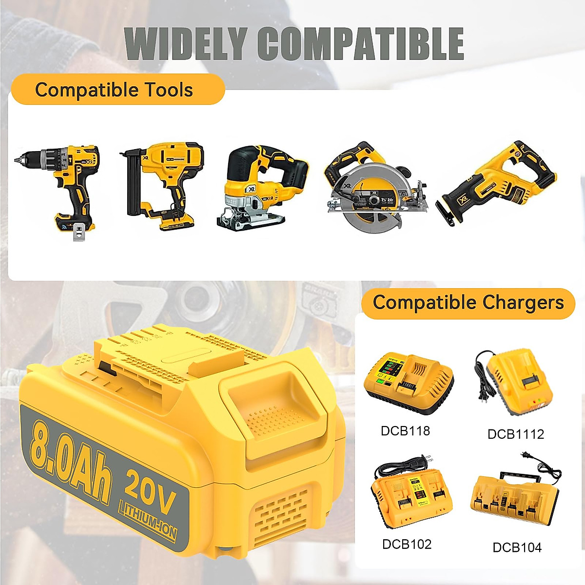 JUNWOOD 4Pack 8.0Ah Replacement for Dewalt 20V Battery Lithium Compatible with XR Max DCB200 DCB201 DCB206 DCB204 DCB207 DCD/DCF/DCG Series