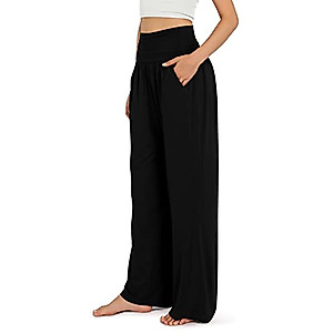 ODODOS Women's Wide Leg Palazzo Lounge Pants with Pockets Light Weight Loose Comfy Casual Pajama Pants-28 inseam, Black, Large